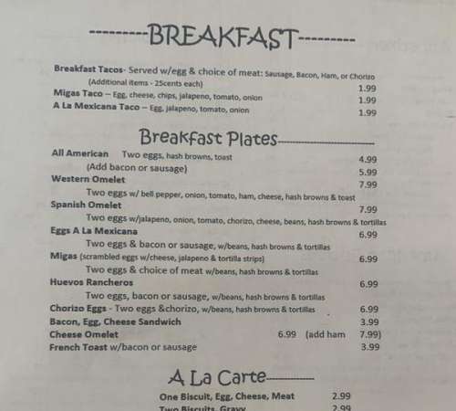 Rico Cafe menu in Mason, Texas, USA