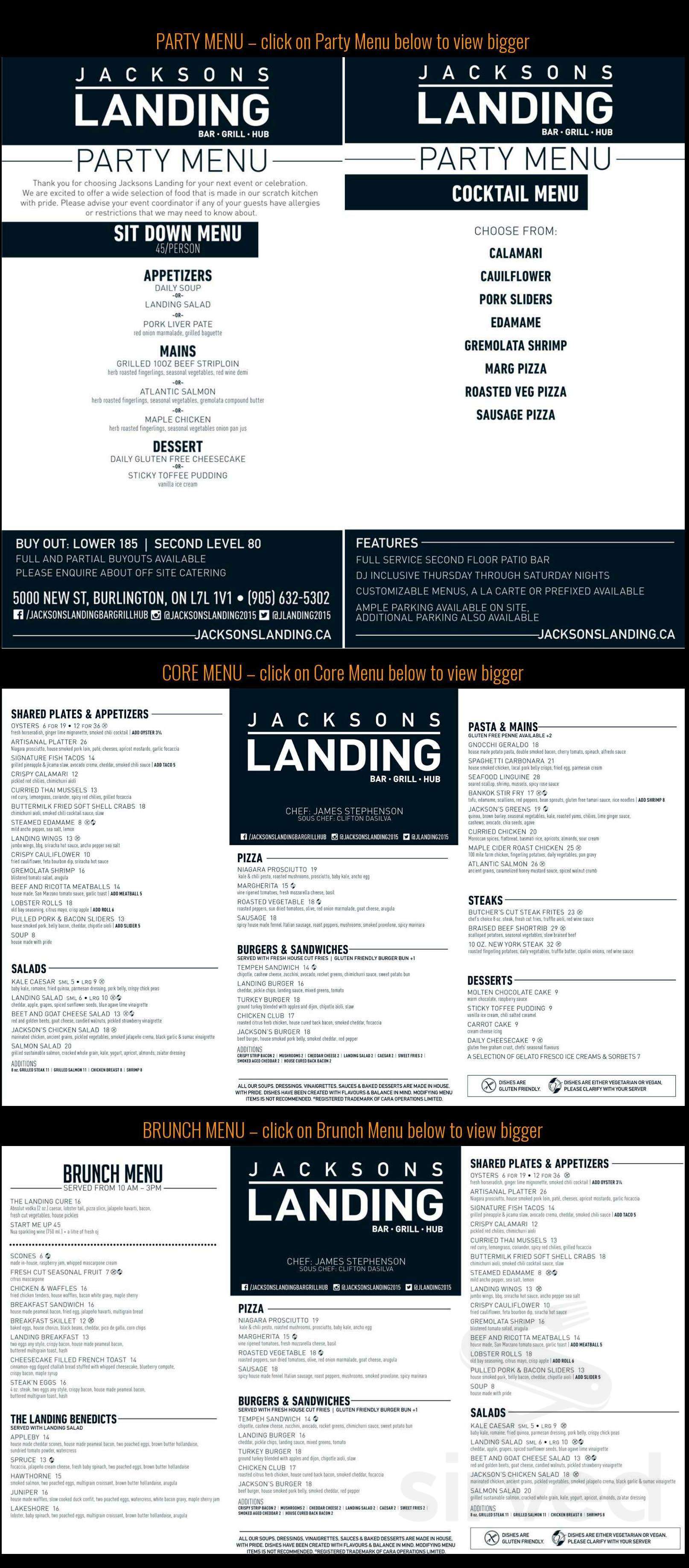 Jacksons Landing menu in Burlington, Ontario, Canada