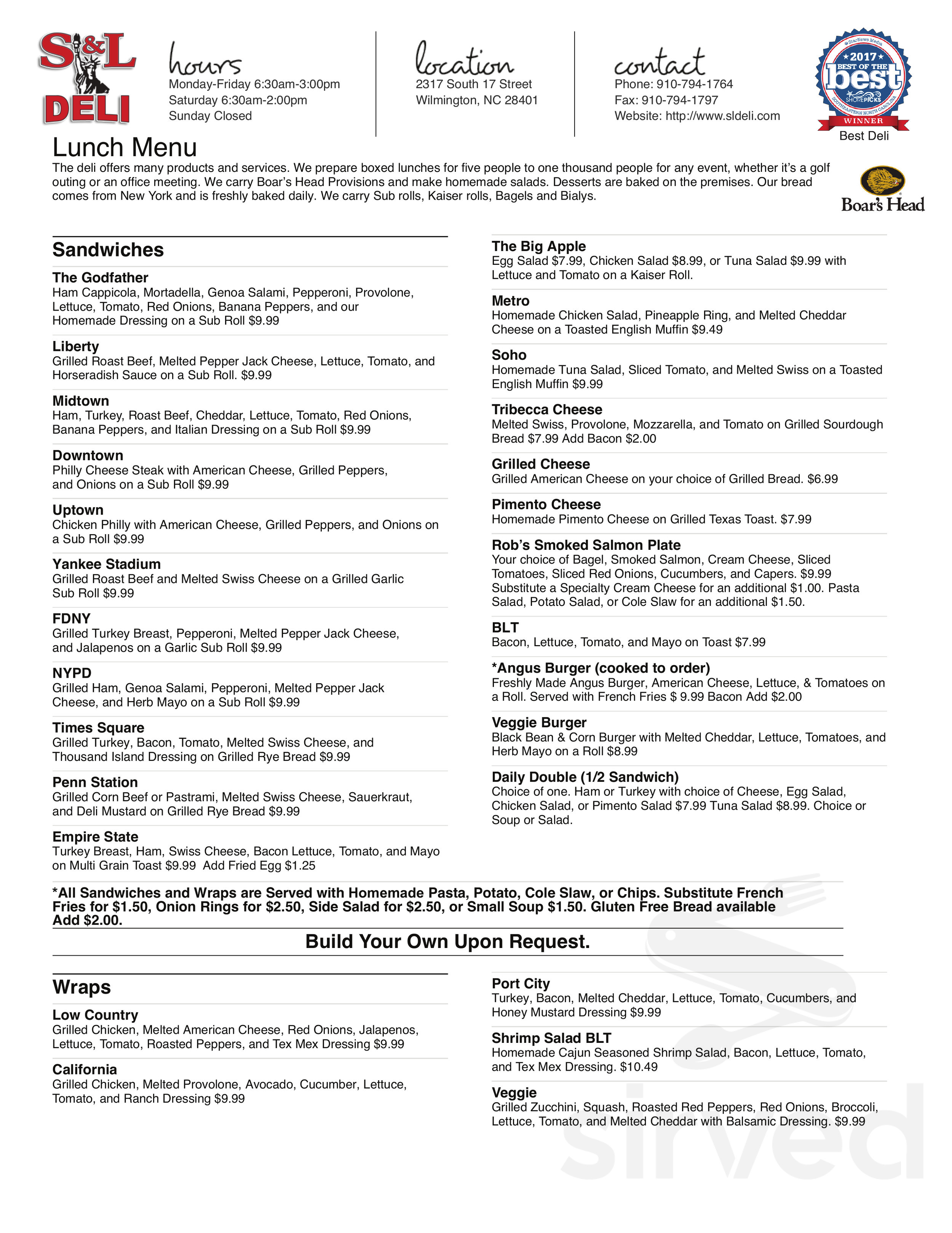 S & L New York Style Deli menu in Wilmington, North Carolina, USA