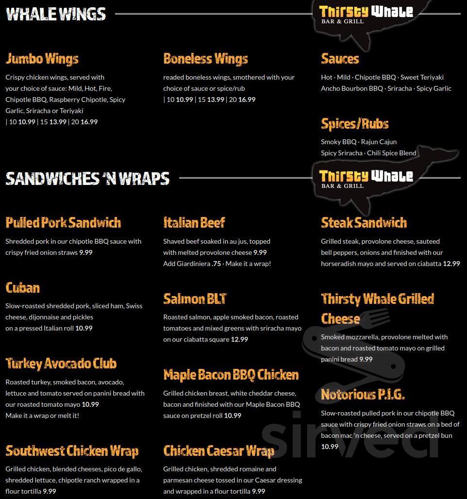 Thirsty Whale Bar & Grill Inc menu in Algonquin, Illinois, USA