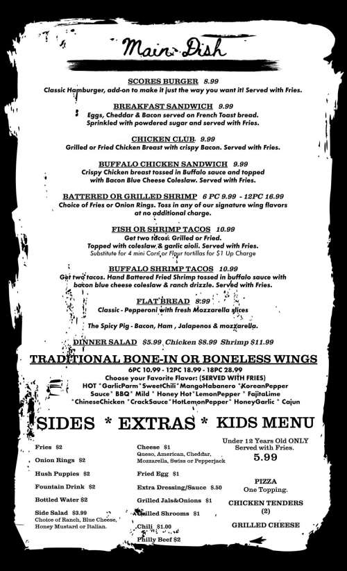 Scores Bar & Grill menu in Beeville, Texas, USA