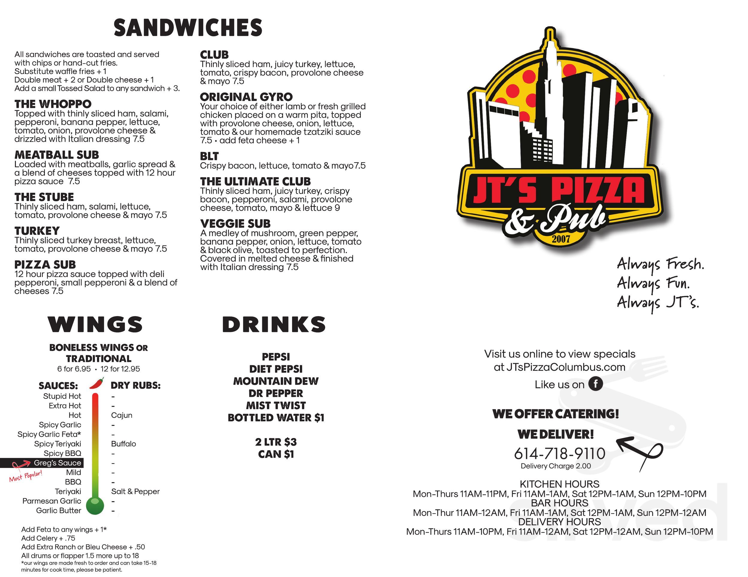 JT's Pizza, Pub, & Patio menu in Columbus, Ohio, USA