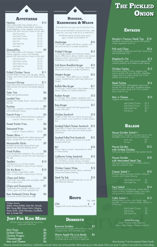 Menu for The Pickled Onion in Beverly, MA | Sirved
