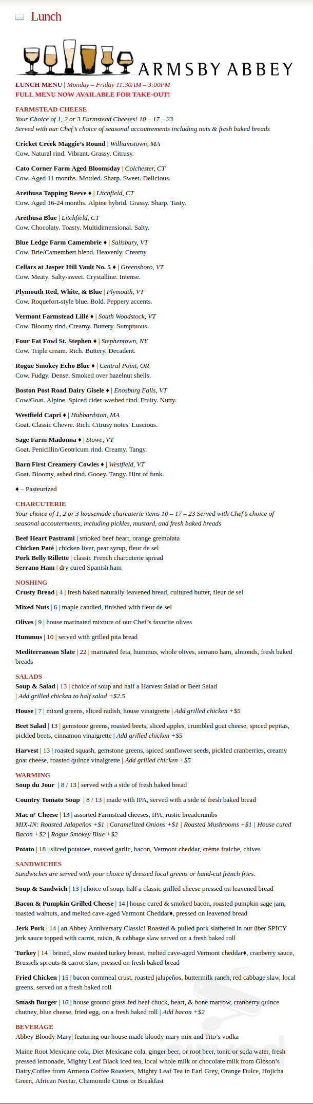 Armsby Abbey menu in Worcester, Massachusetts, USA