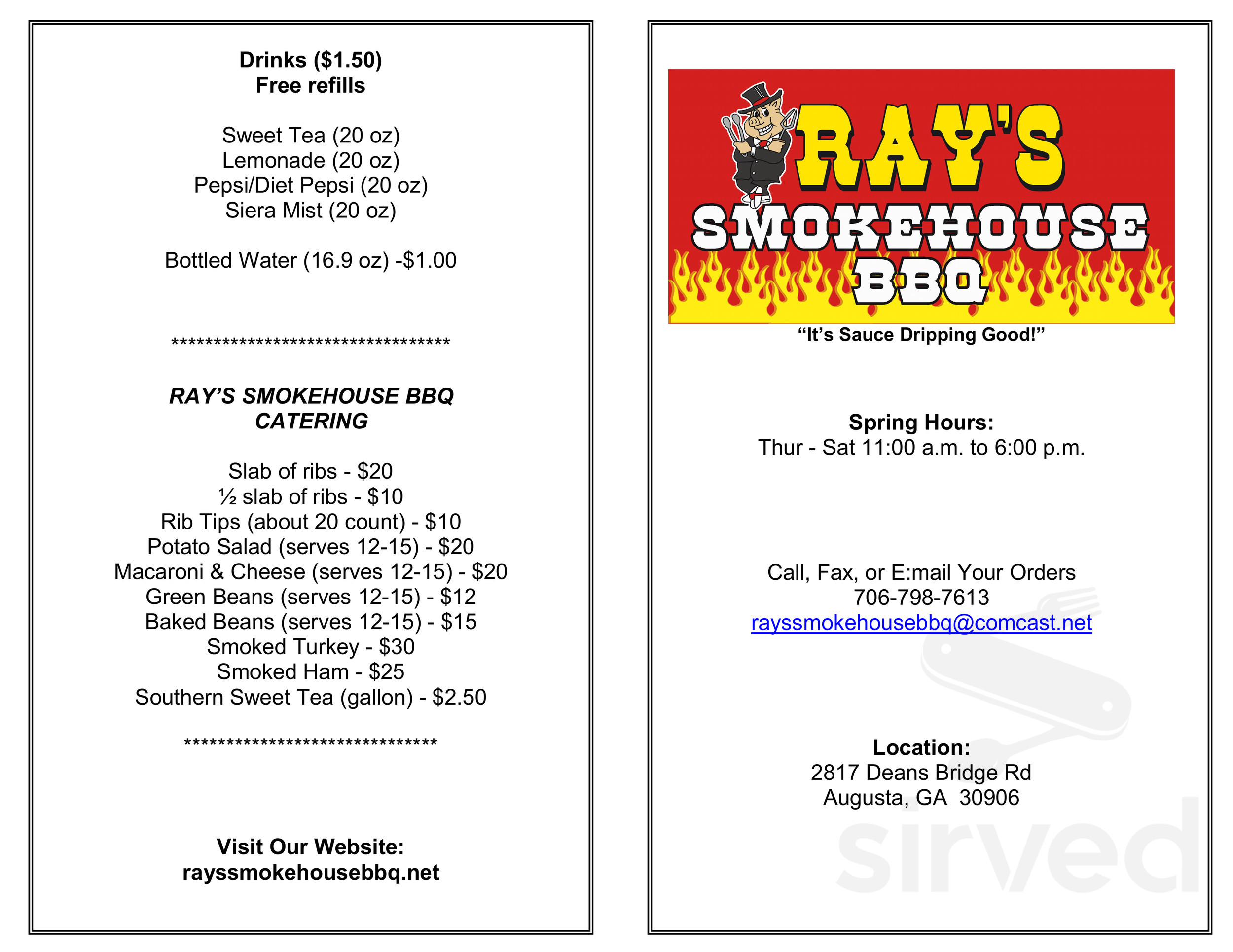 Ray's Smokehouse BBQ menu in Augusta, Georgia, USA