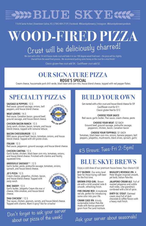Blue Skye Brewery and Eats menu in Salina, Kansas, USA