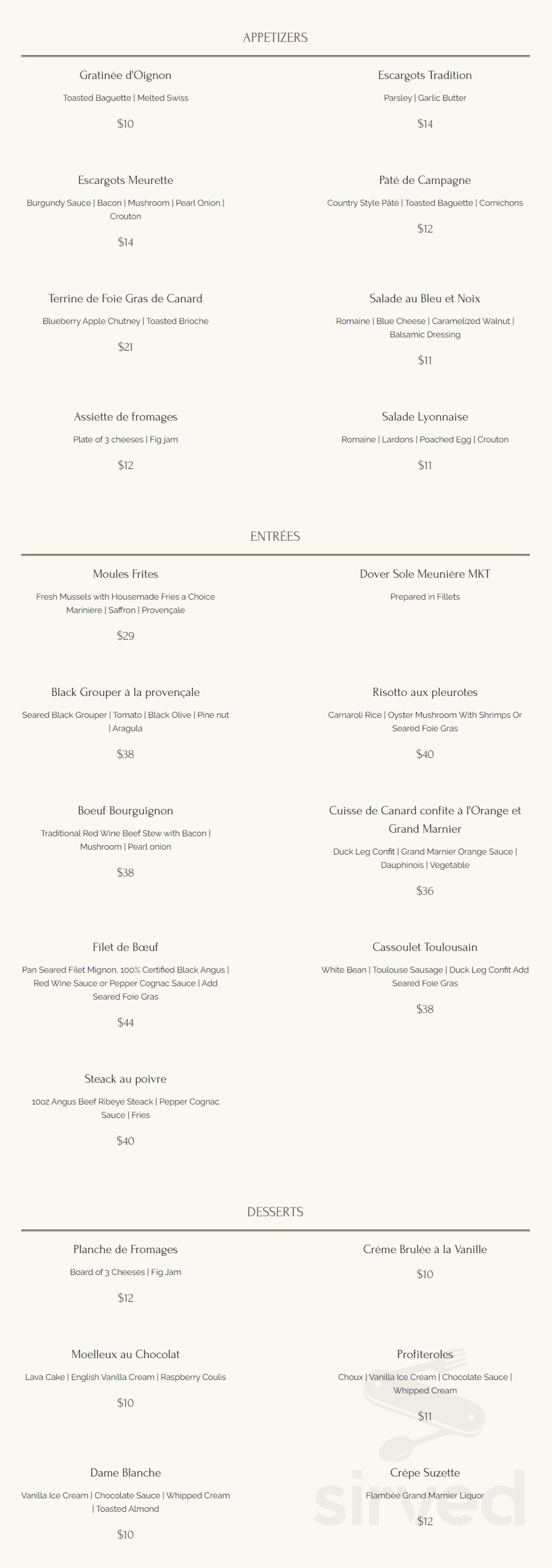 Menu for Figaro Bistro in Sarasota, FL | Sirved