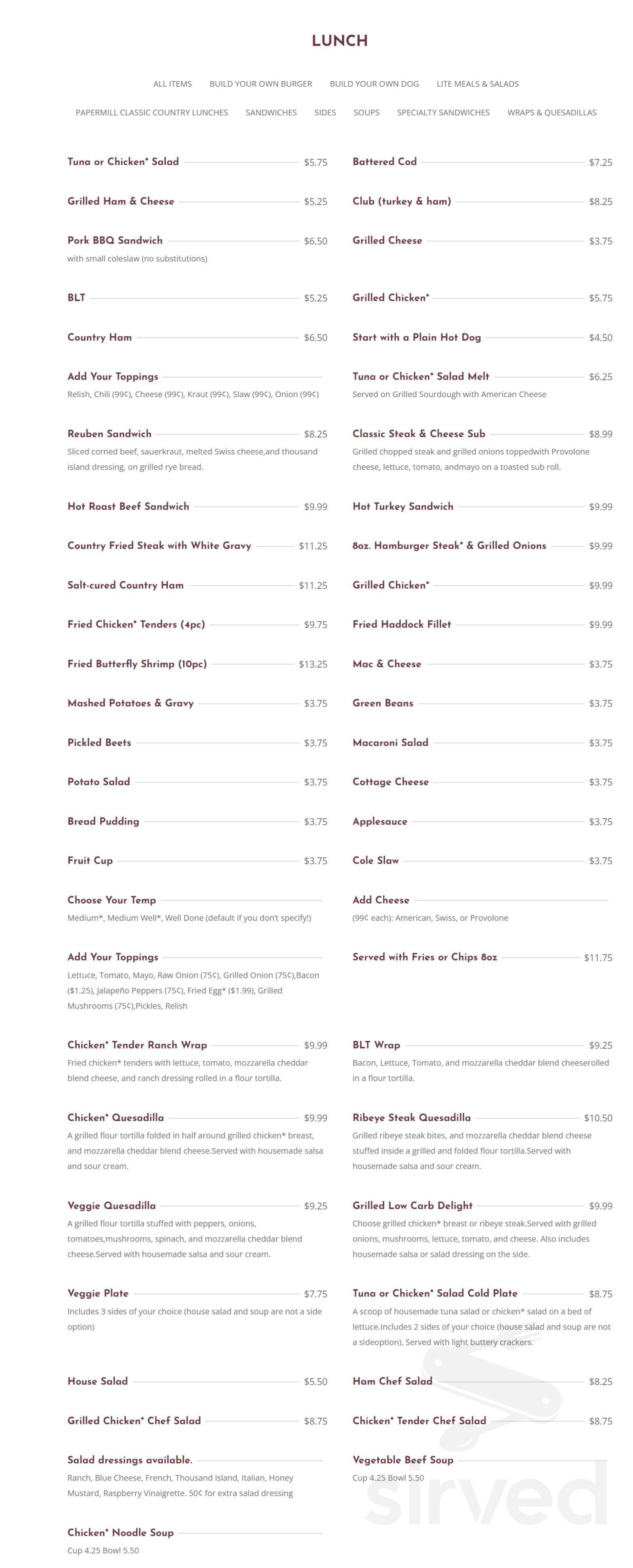 Papermill Place menu in Winchester, Virginia, USA