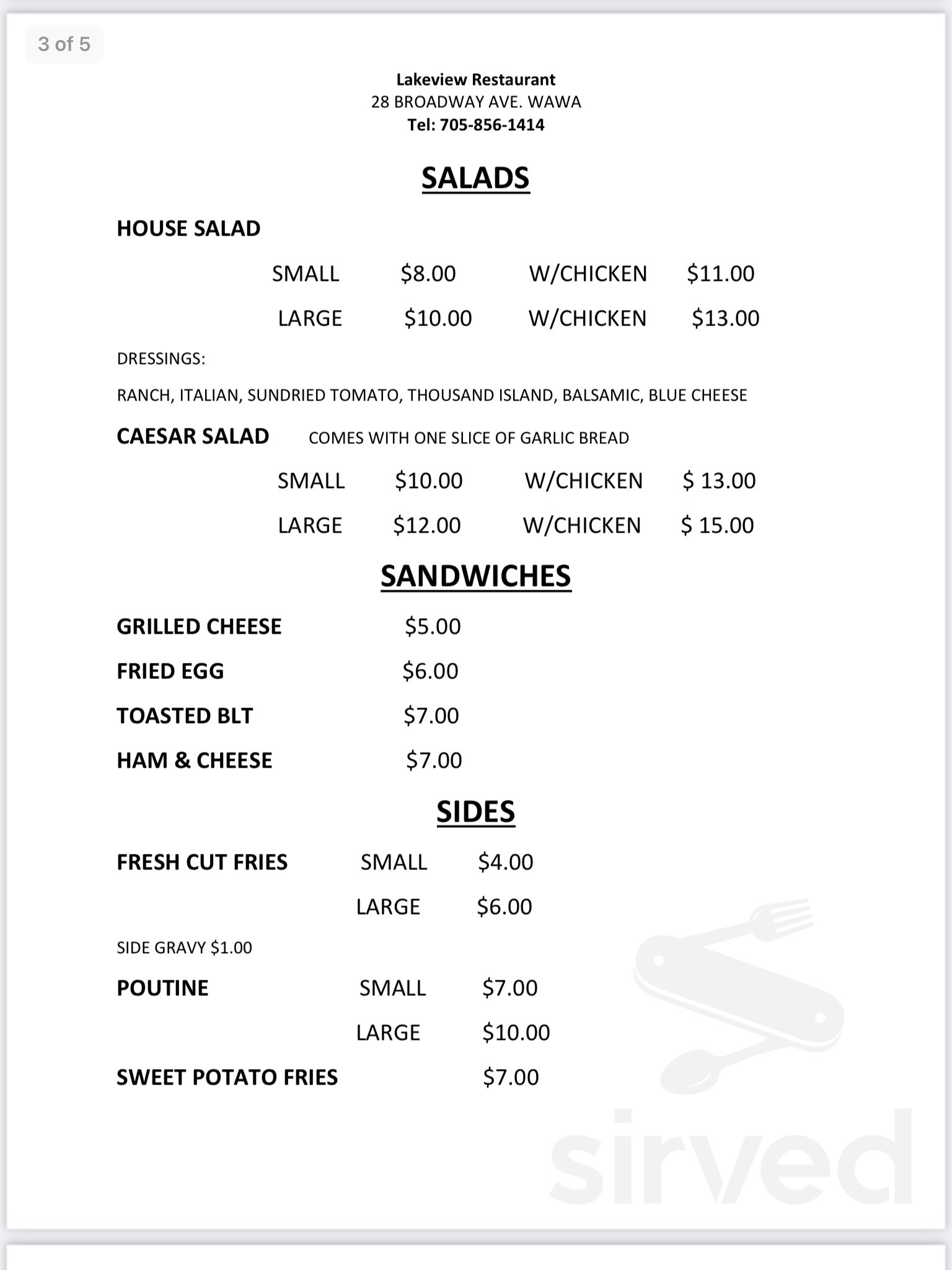 Lakeview Restaurant menu in Wawa, Ontario, Canada