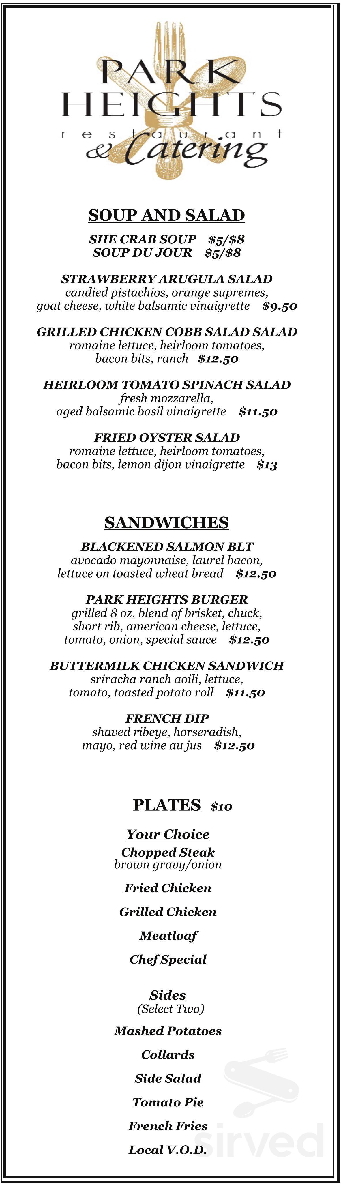 Park Heights Restaurant menu in Tupelo, Mississippi, USA