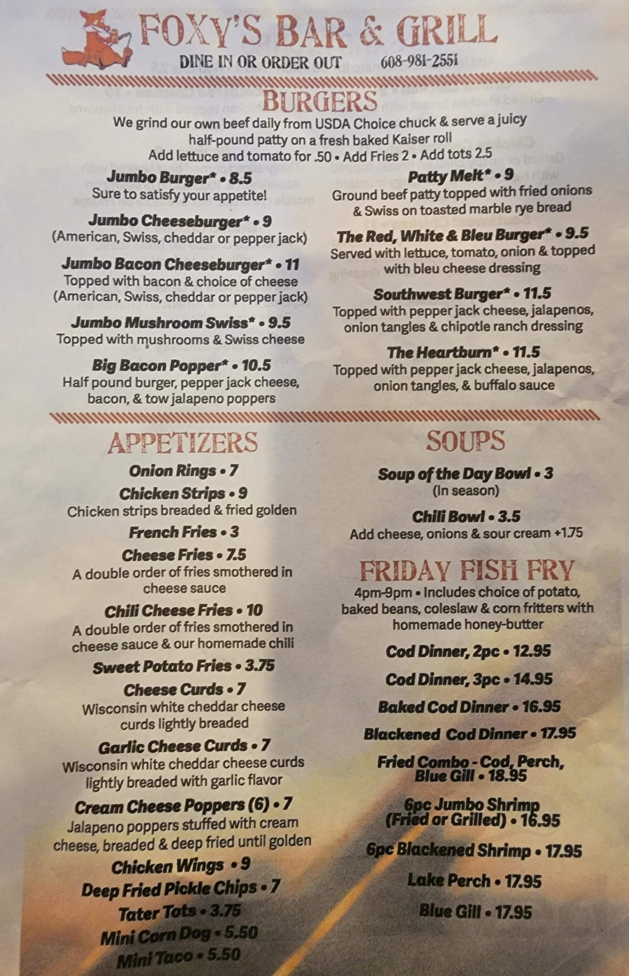 Menu for Foxy's in Briggsville, WI | Sirved