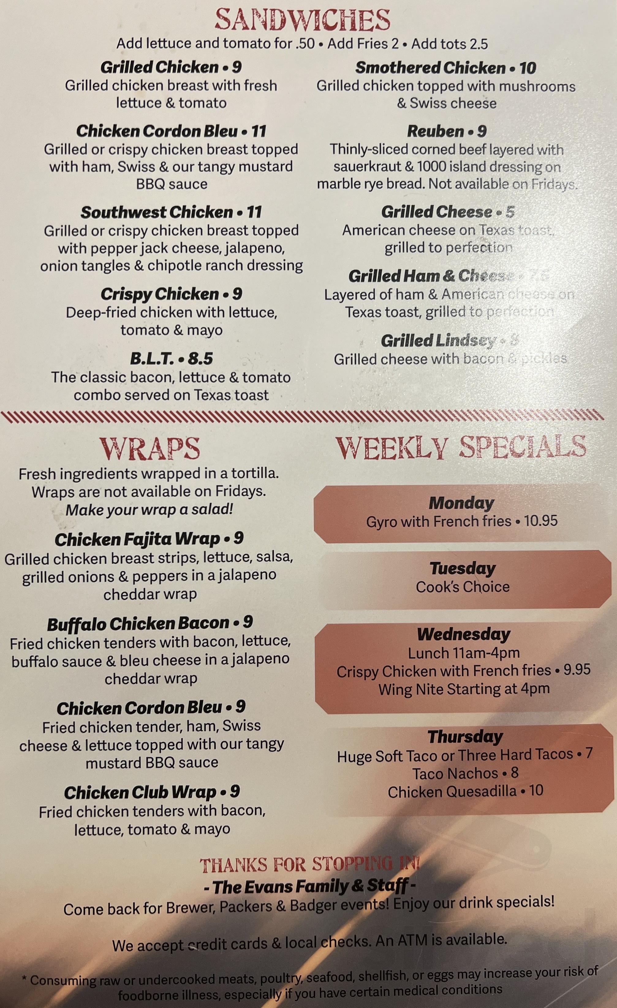 Foxy's menu in Briggsville, Wisconsin, USA