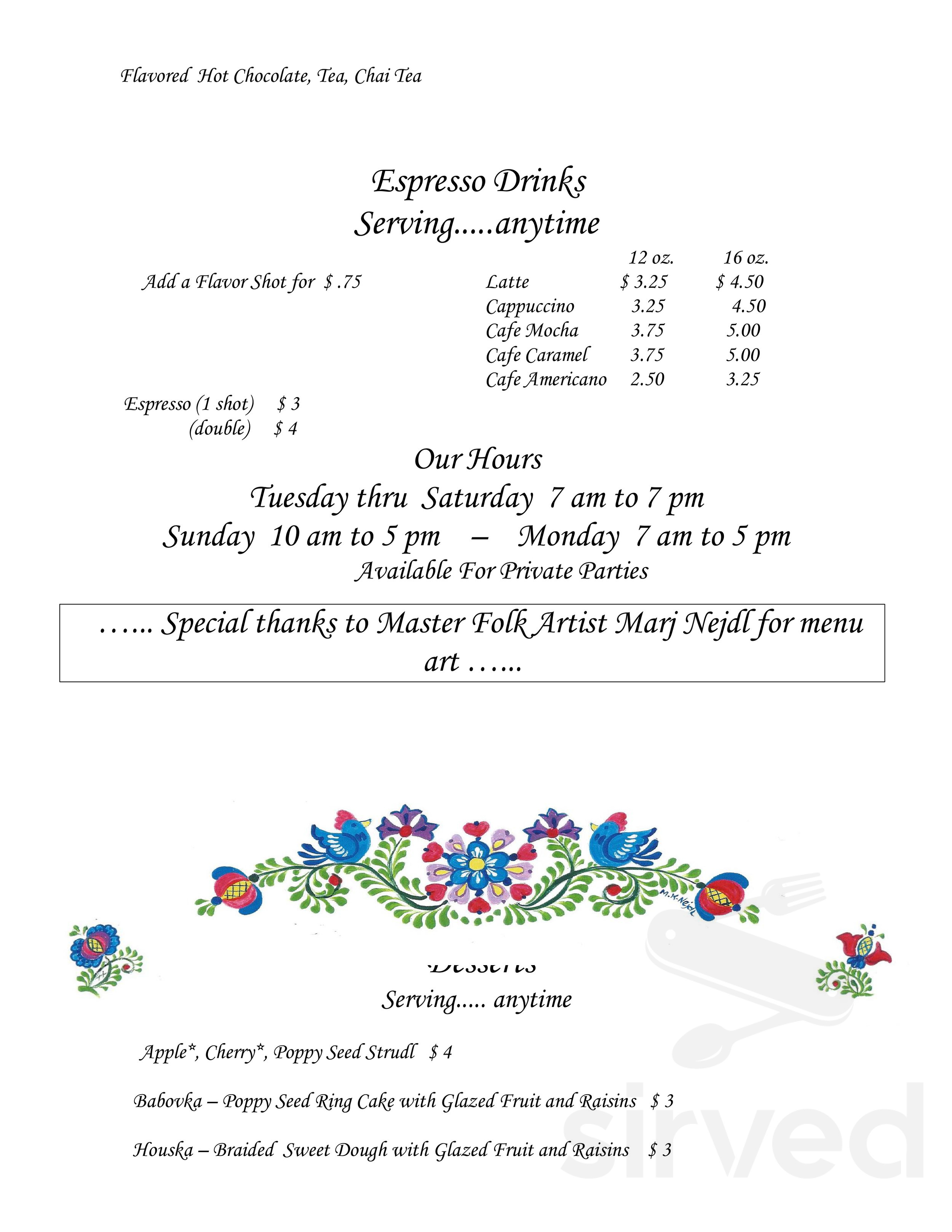 Menu - Cedar Rapids IA's Sykora Bakery | Sirved