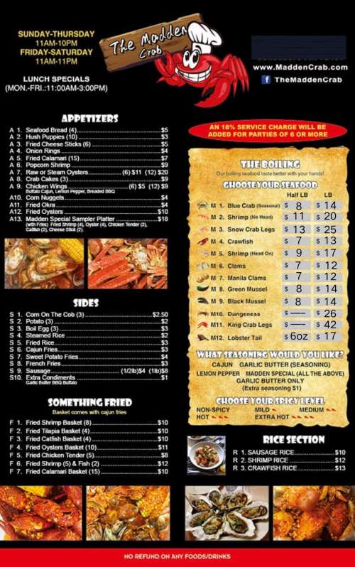 The Madden Crab menu in Tupelo, Mississippi, USA