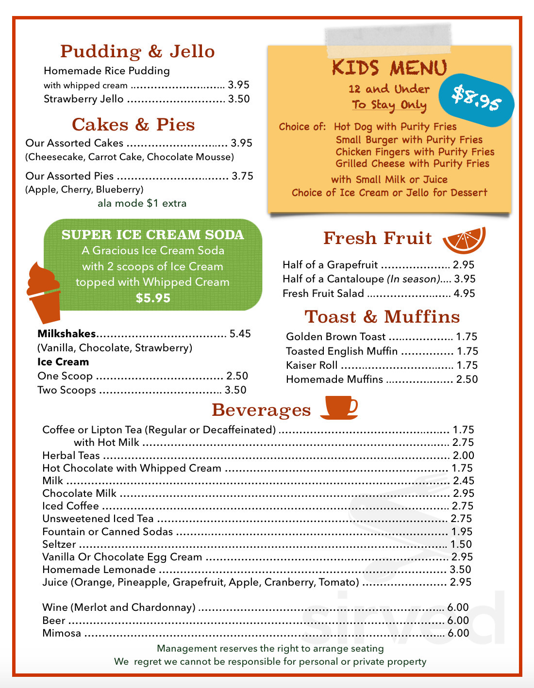 Purity Diner menu in Brooklyn, New York, USA