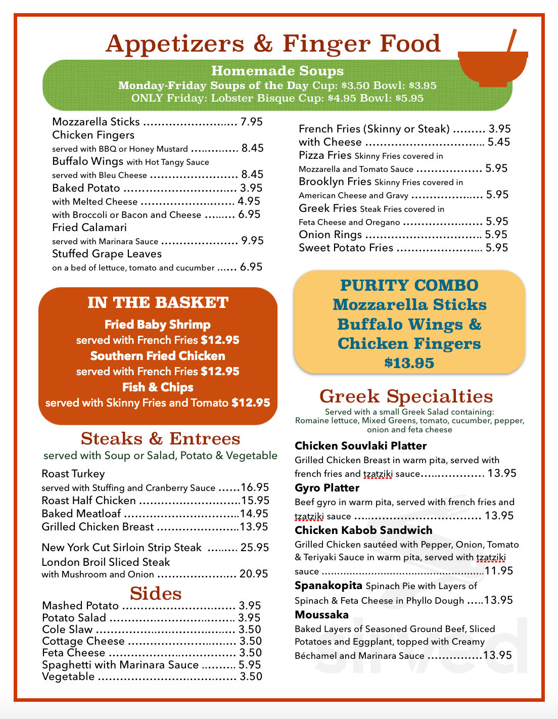 Purity Diner menu in Brooklyn, New York, USA