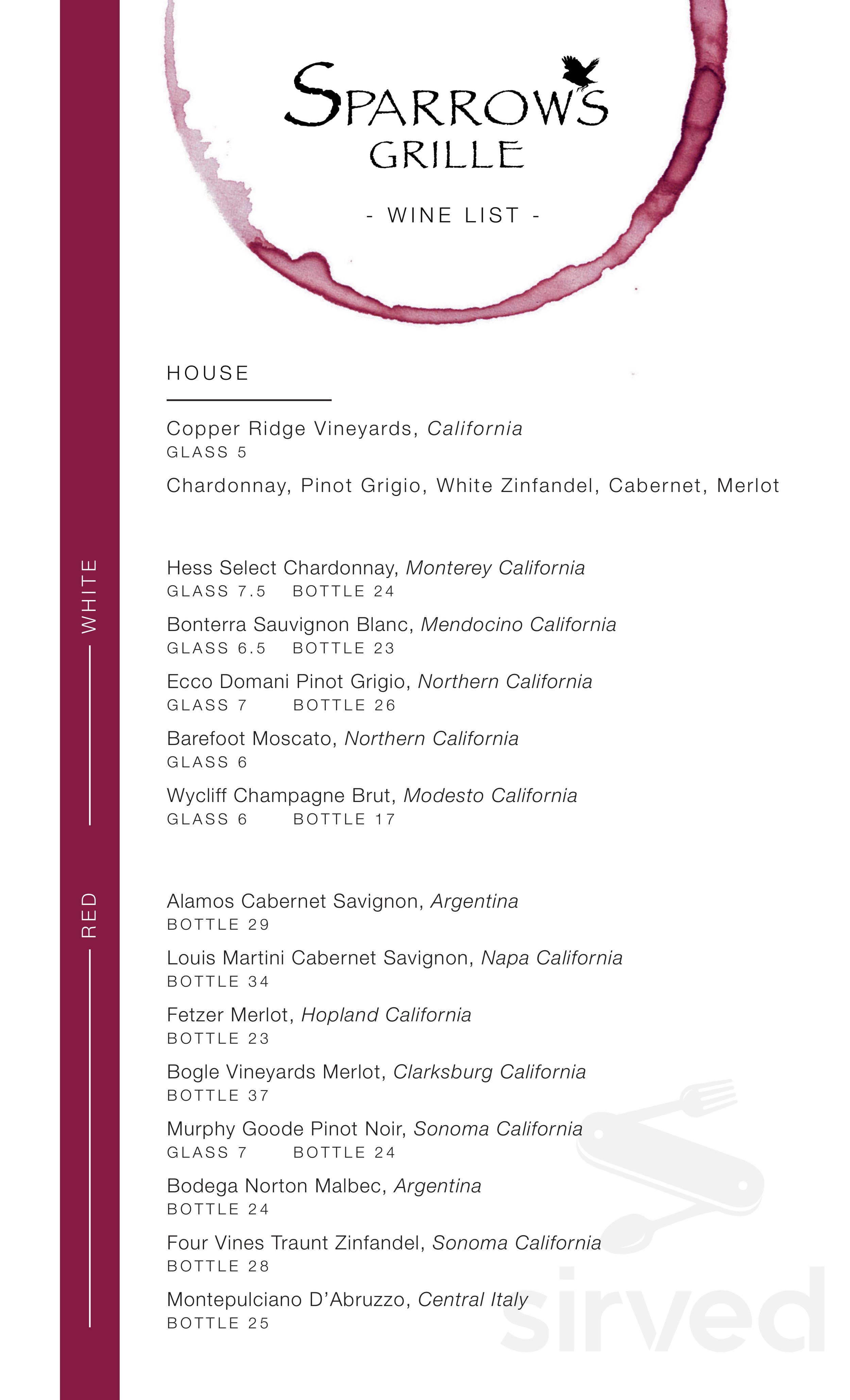 Sparrow's Grille menu in DeLand, Florida, USA