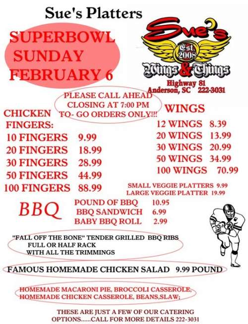 Sue's Wings & Things menu in Anderson, South Carolina, USA