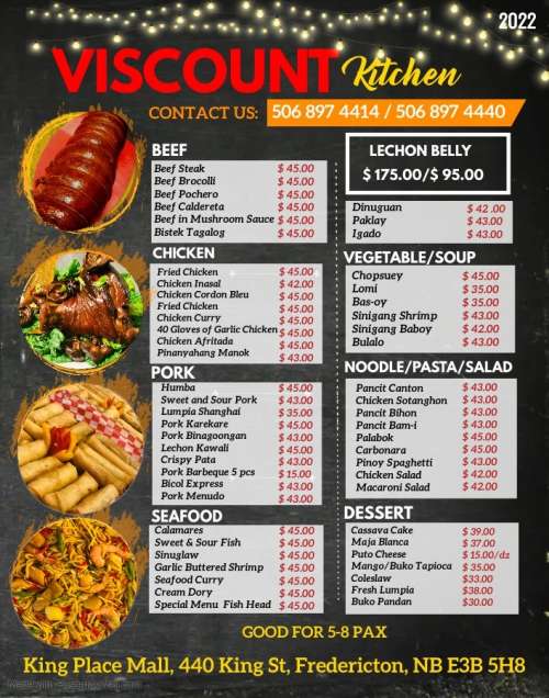 Viscount Kitchen menu in Fredericton, New Brunswick, Canada