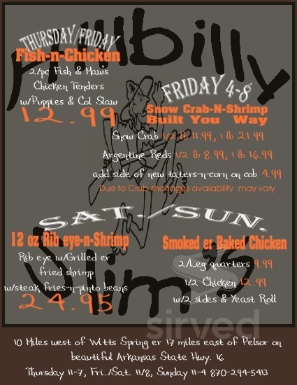 Menu for Hillybilly Slim's BBQ in Witts Springs, AK | Sirved