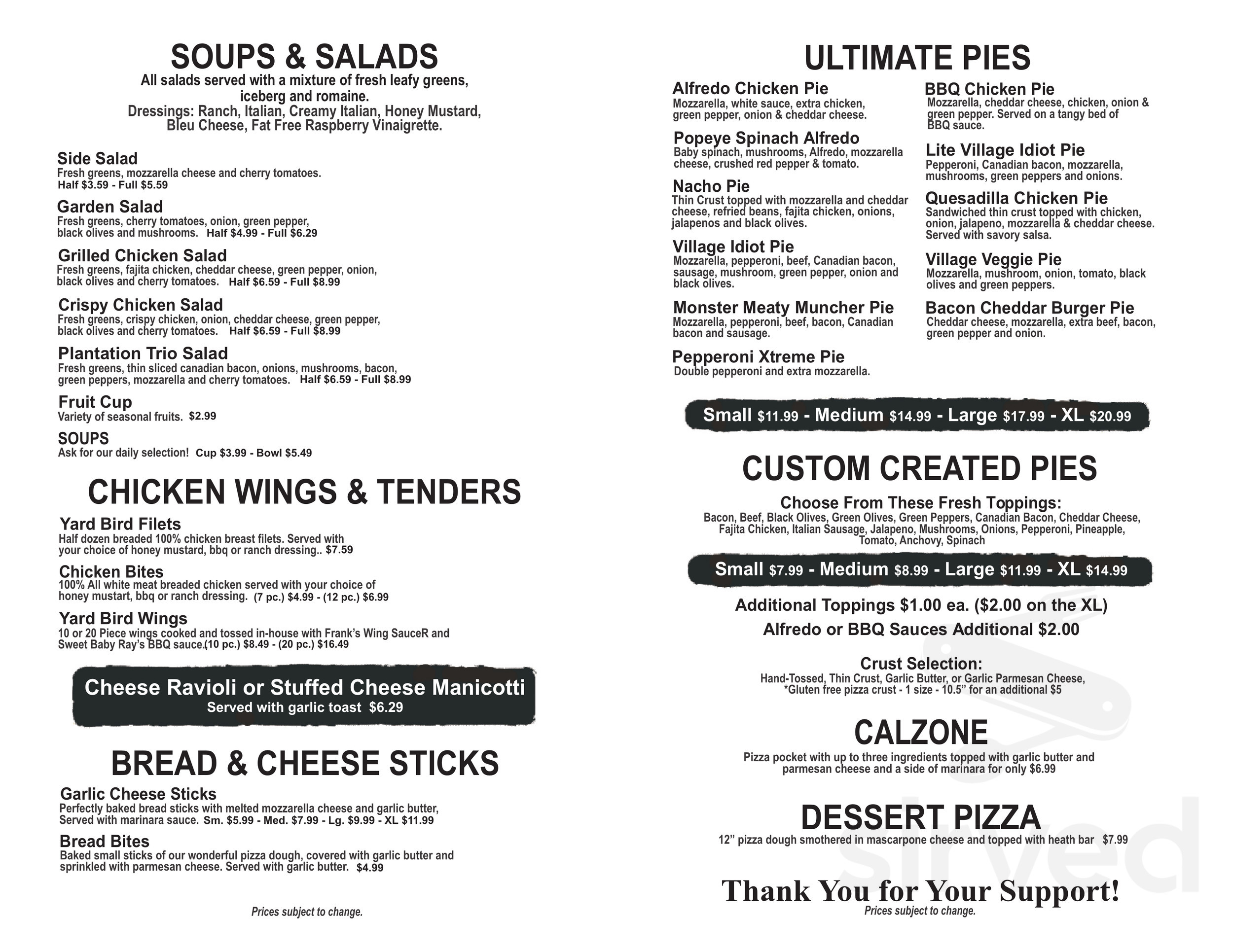 Village Bistro menu in Granbury, Texas, USA