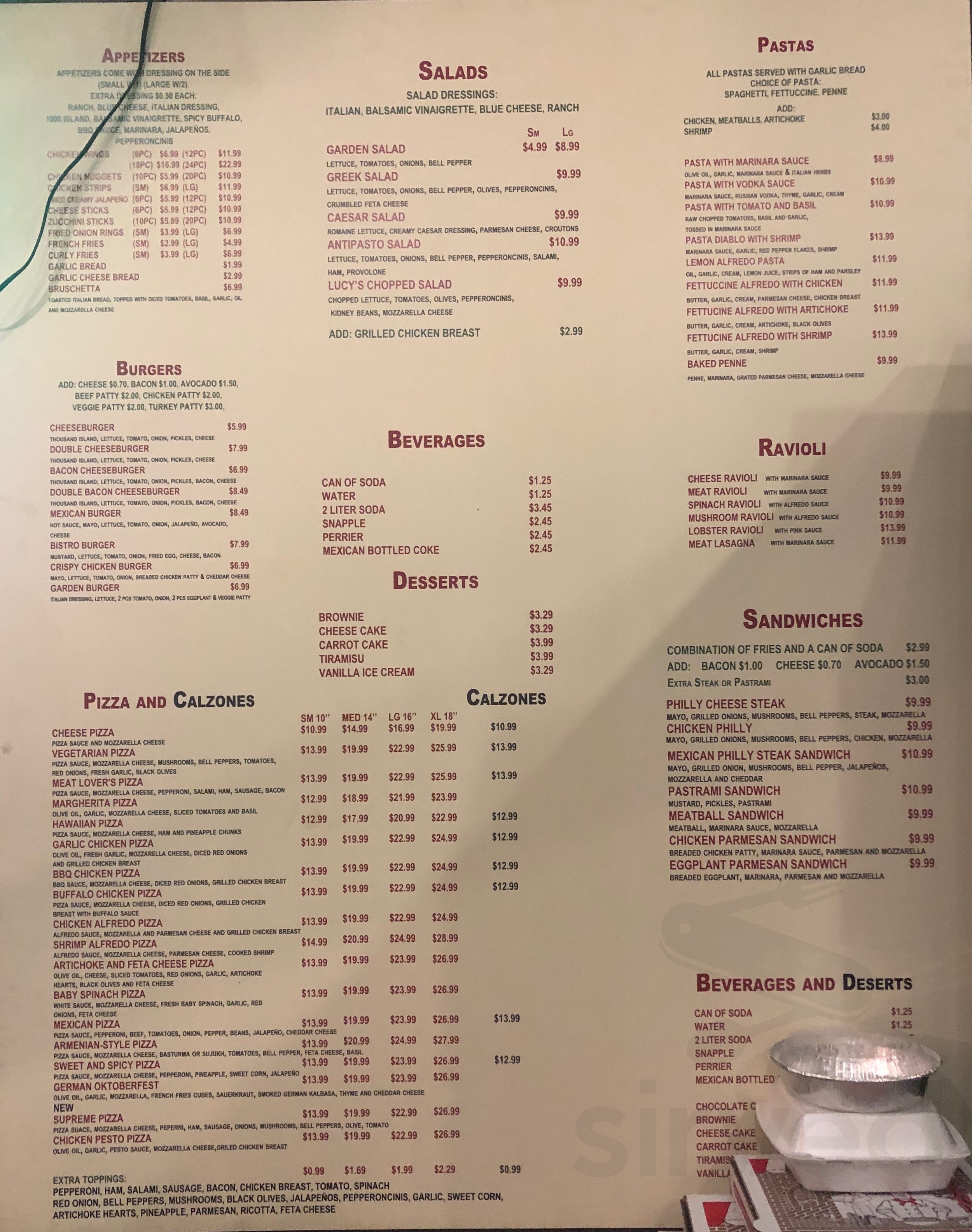 Lucy's Pizza & Burgers menu in Glendale, California, USA