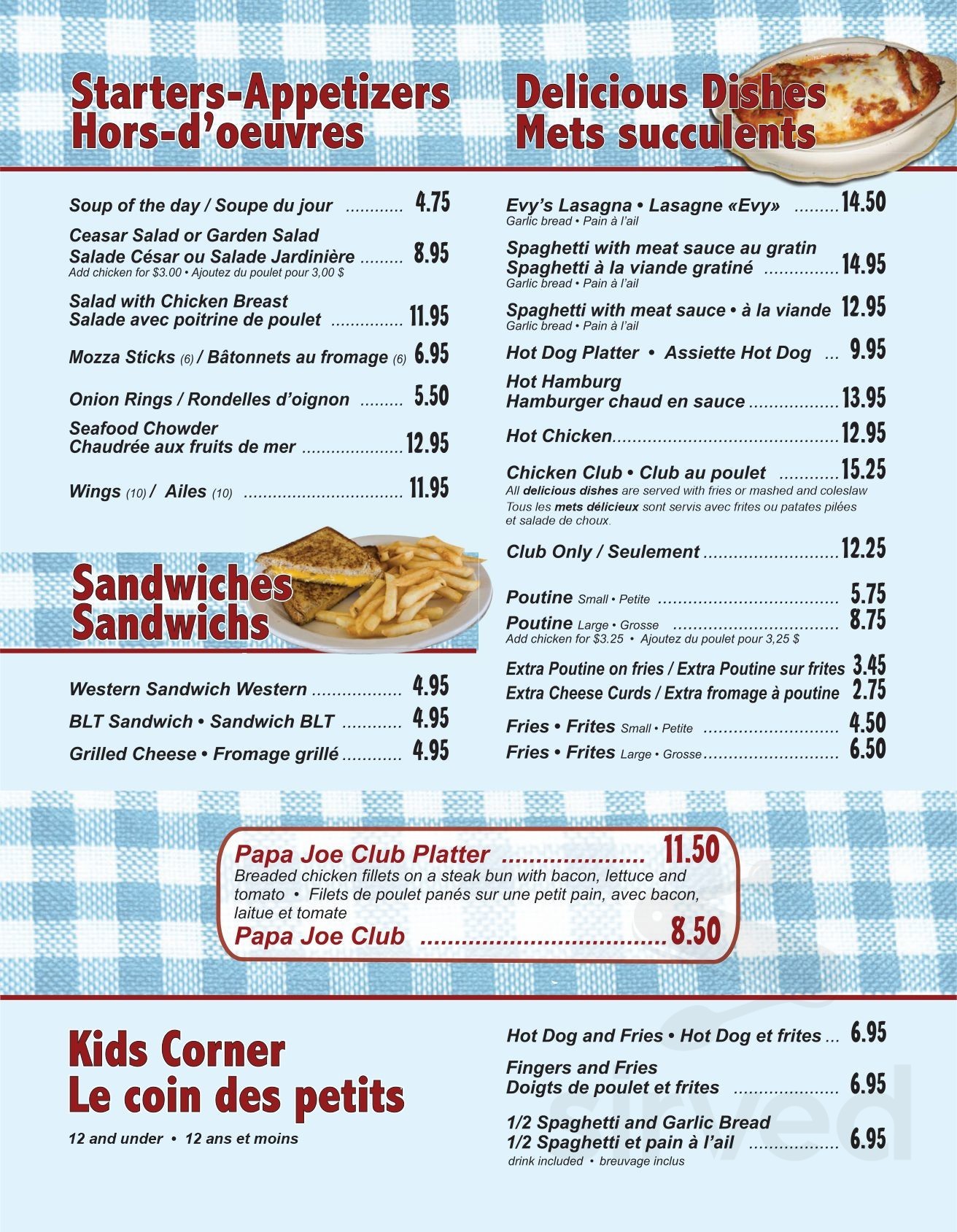 Menu for Papa Joe and Evy's in Bathurst, NB | Sirved