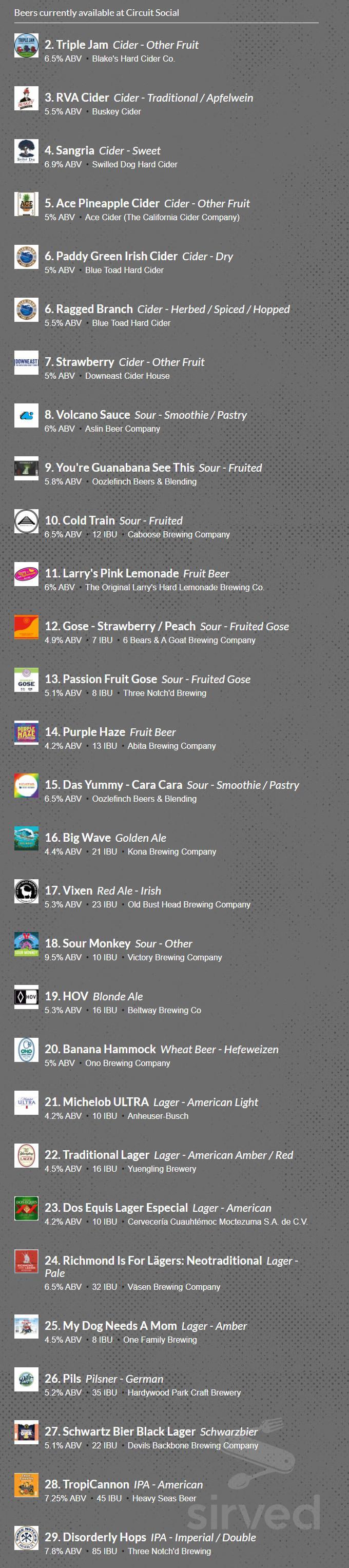 Circuit Social menu in Norfolk, Virginia, USA