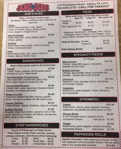 Subs N Suds menu in Indiana, Pennsylvania, USA