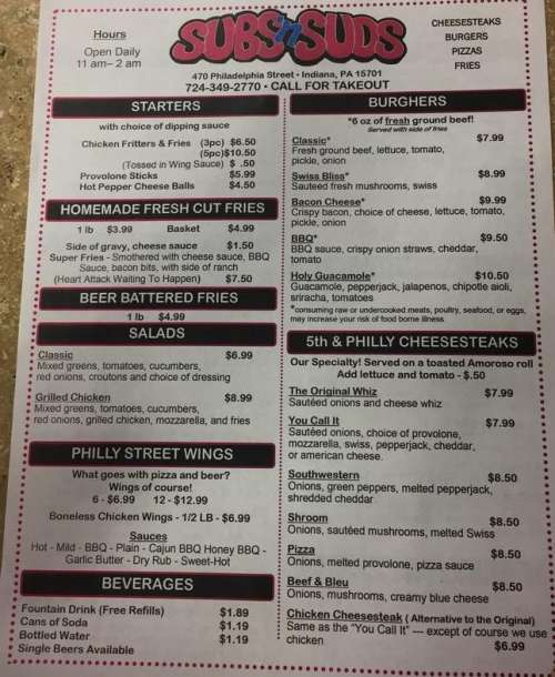 Subs N Suds menu in Indiana, Pennsylvania, USA