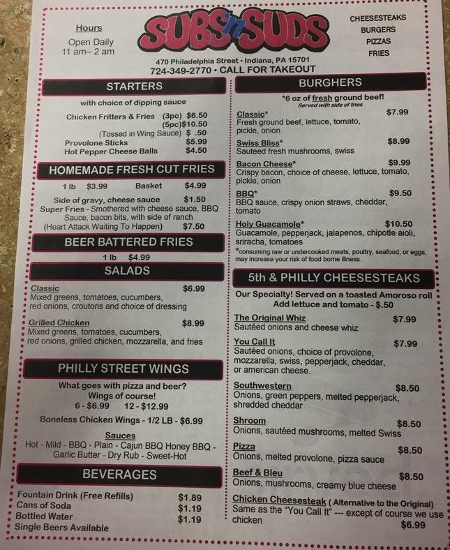 Subs N Suds menus in Indiana, Pennsylvania, United States