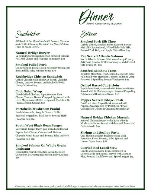 The Colonial Dining Room menu in Natural Bridge, Virginia, USA