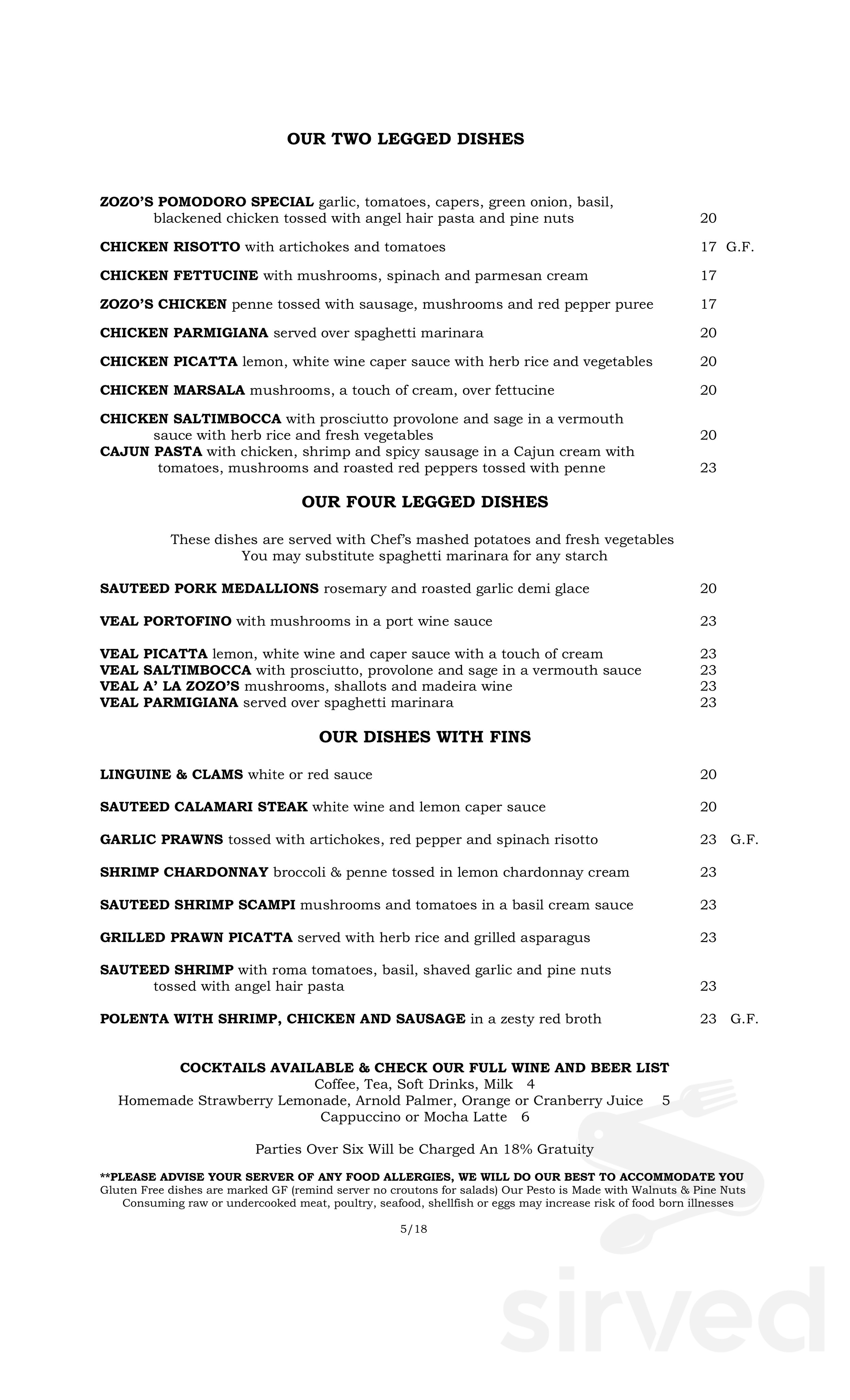 Zozo's Ristorante menu in Reno, Nevada, USA