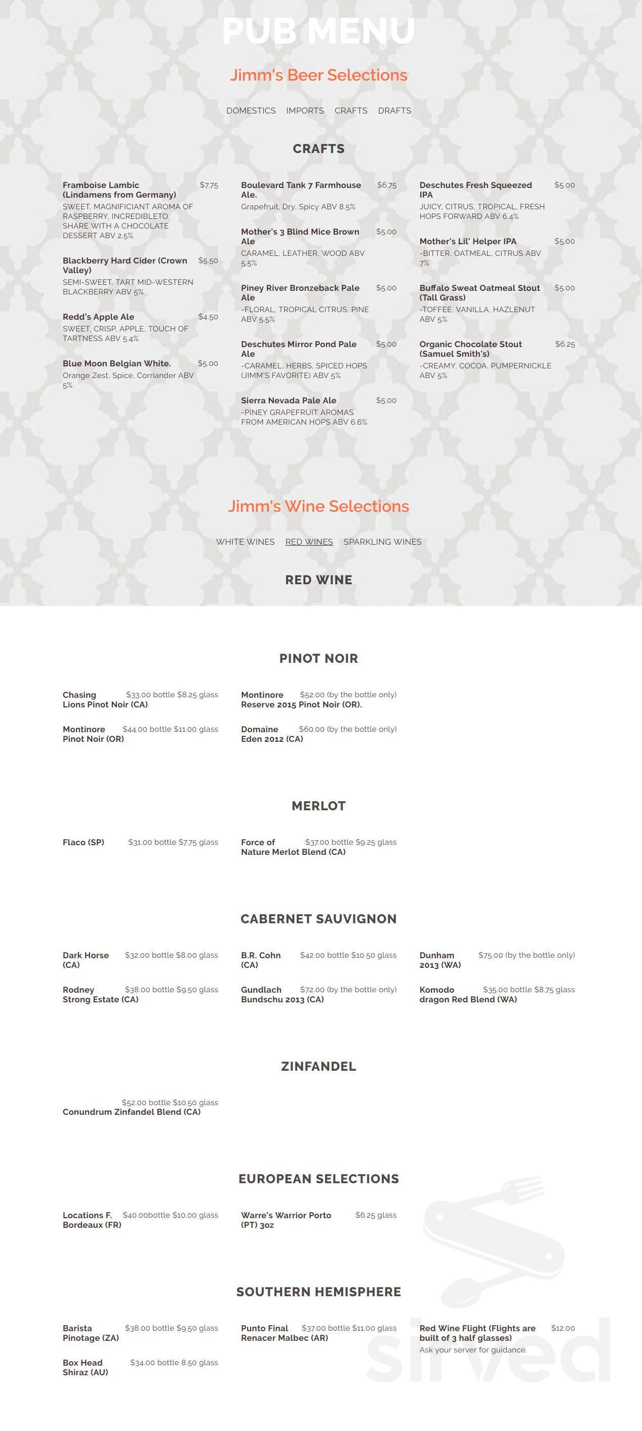 Jimm's Steakhouse & Pub menu in Springfield, Missouri, USA