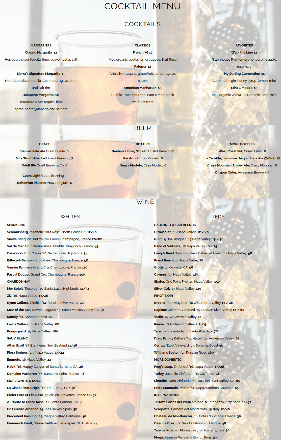 Sierra menu in Lone Tree, Colorado, USA