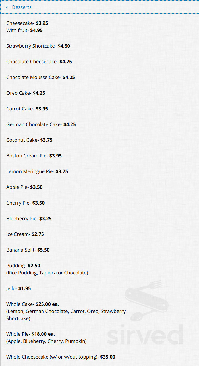 Long Neck Diner menu in Millsboro, Delaware, USA