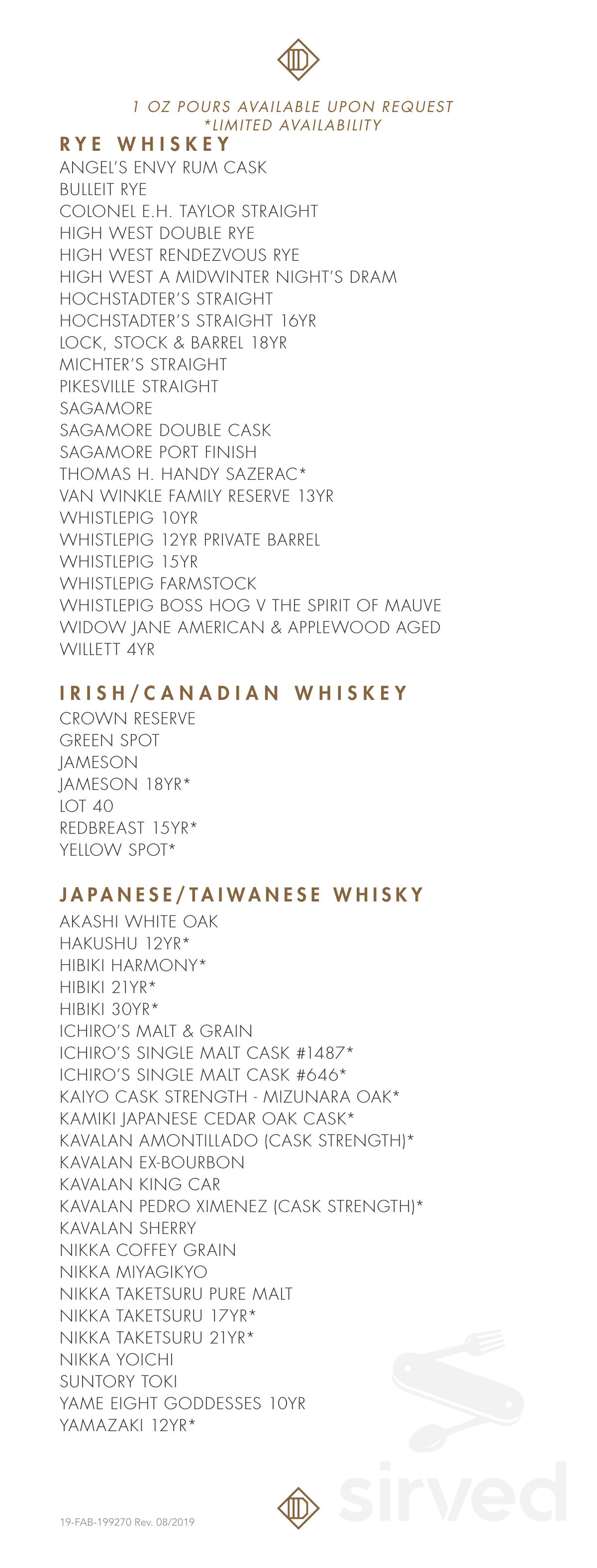 The Dorsey Cocktail Bar menu in Las Vegas, Nevada, USA