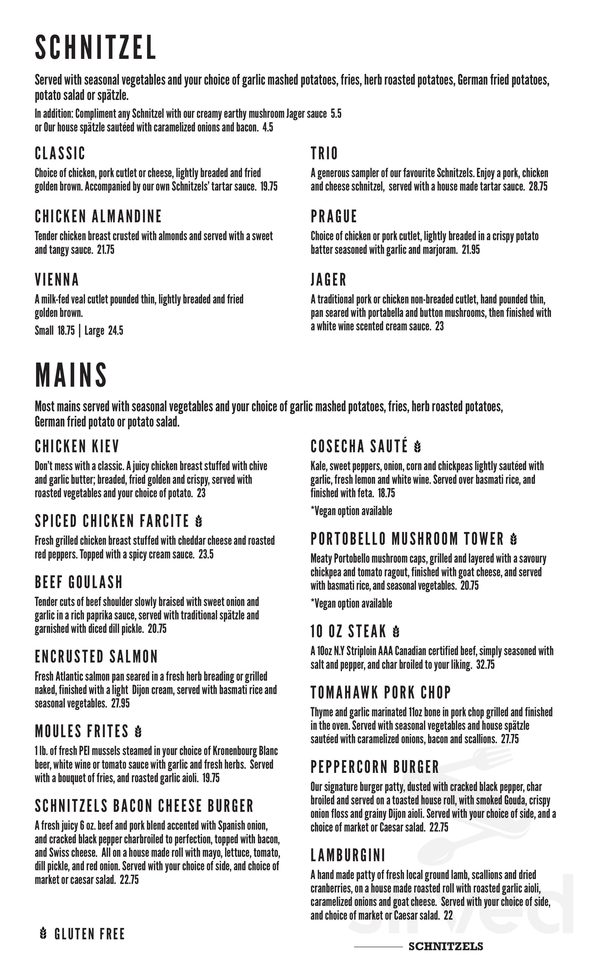 Schnitzels menu in Cornwall, Ontario, Canada