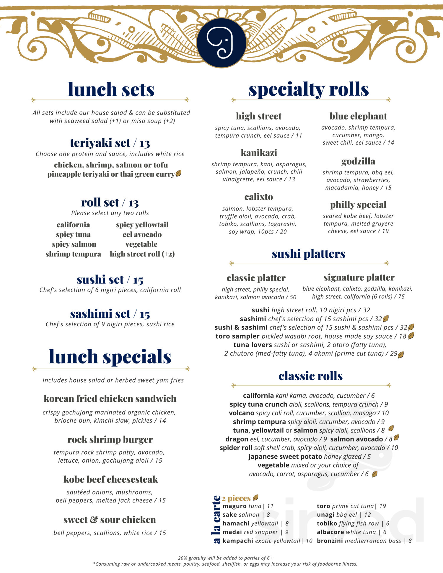 The Blue Elephant menu in Pottstown, Pennsylvania, USA