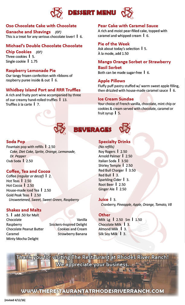 Menu for The Restaurant at Rhodes River Ranch in Arlington, Washington ...