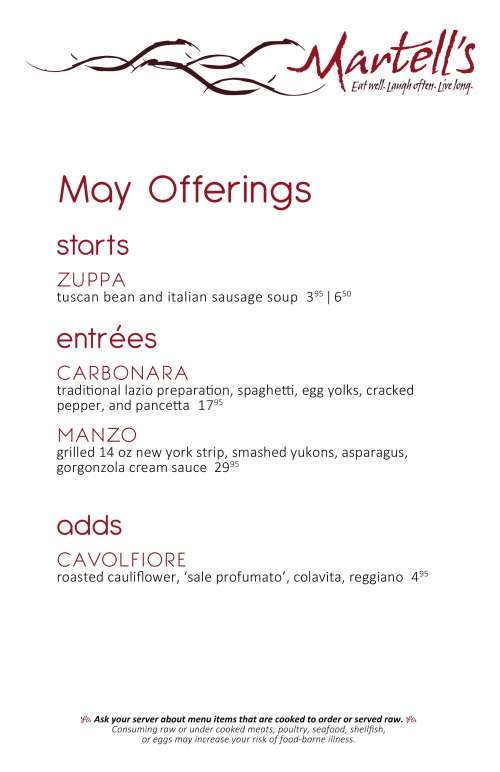 Martell's menu in Kalamazoo, Michigan, USA
