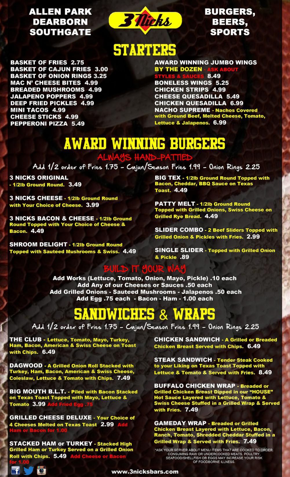 3 Nicks Sports Bar menus in Dearborn, Michigan, United States