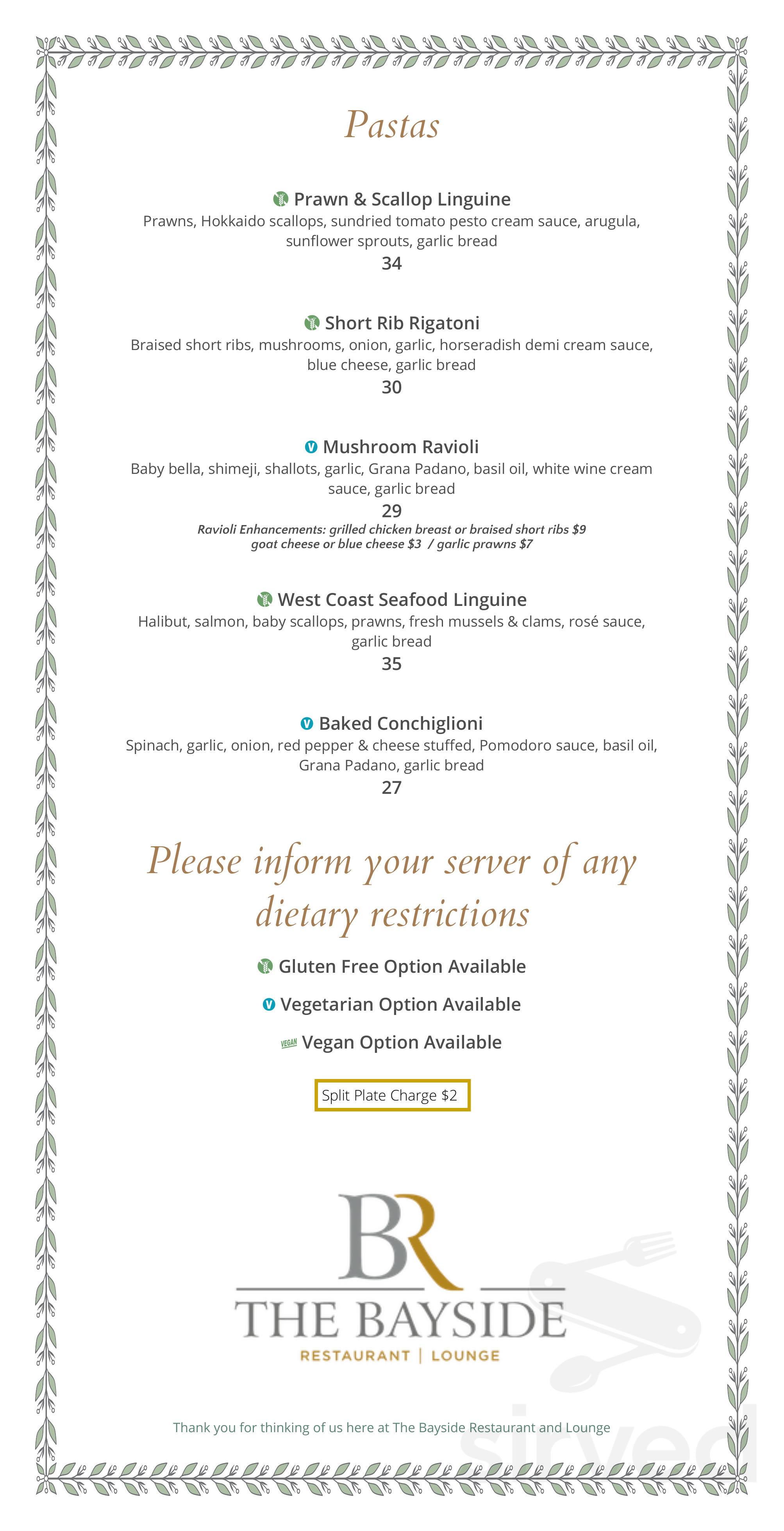 The Bayside Restaurant & Lounge menus in Parksville, British Columbia ...