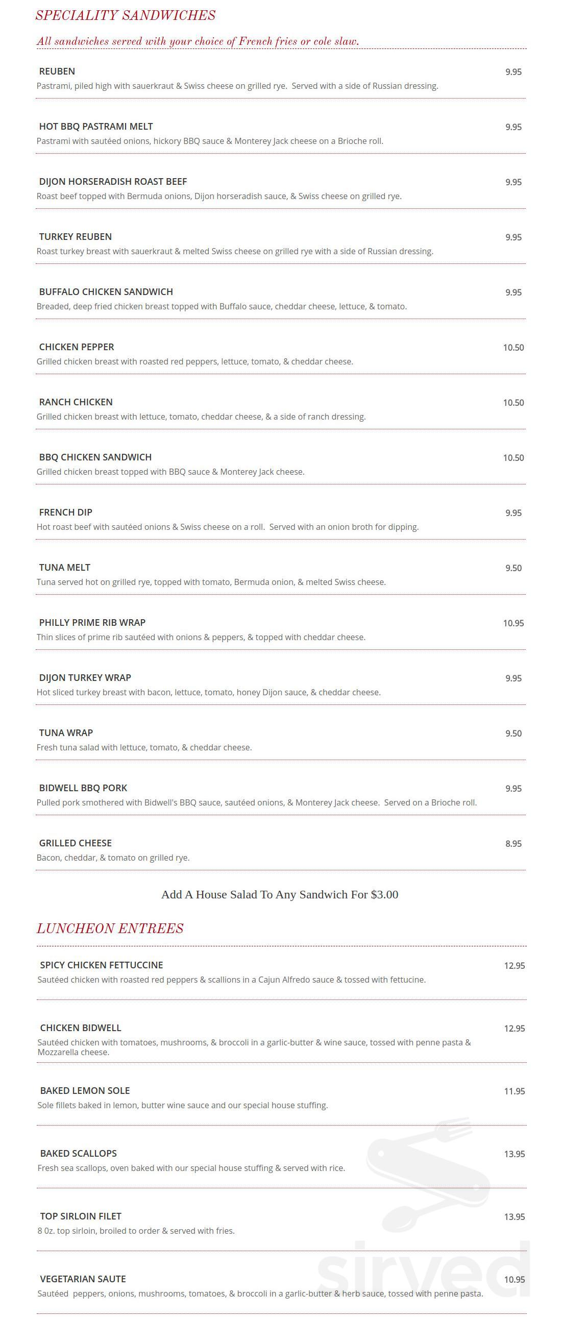 Bidwell Tavern menu in Coventry, Connecticut, USA