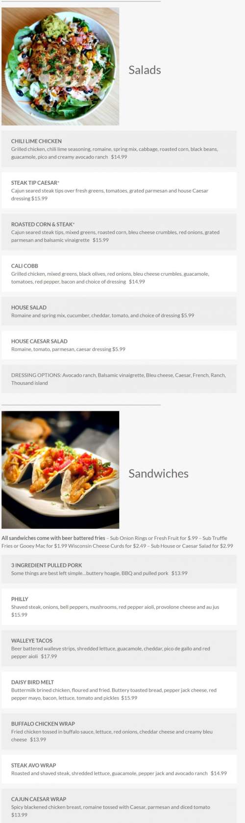 Bar 209 menu in Bemidji, Minnesota, USA