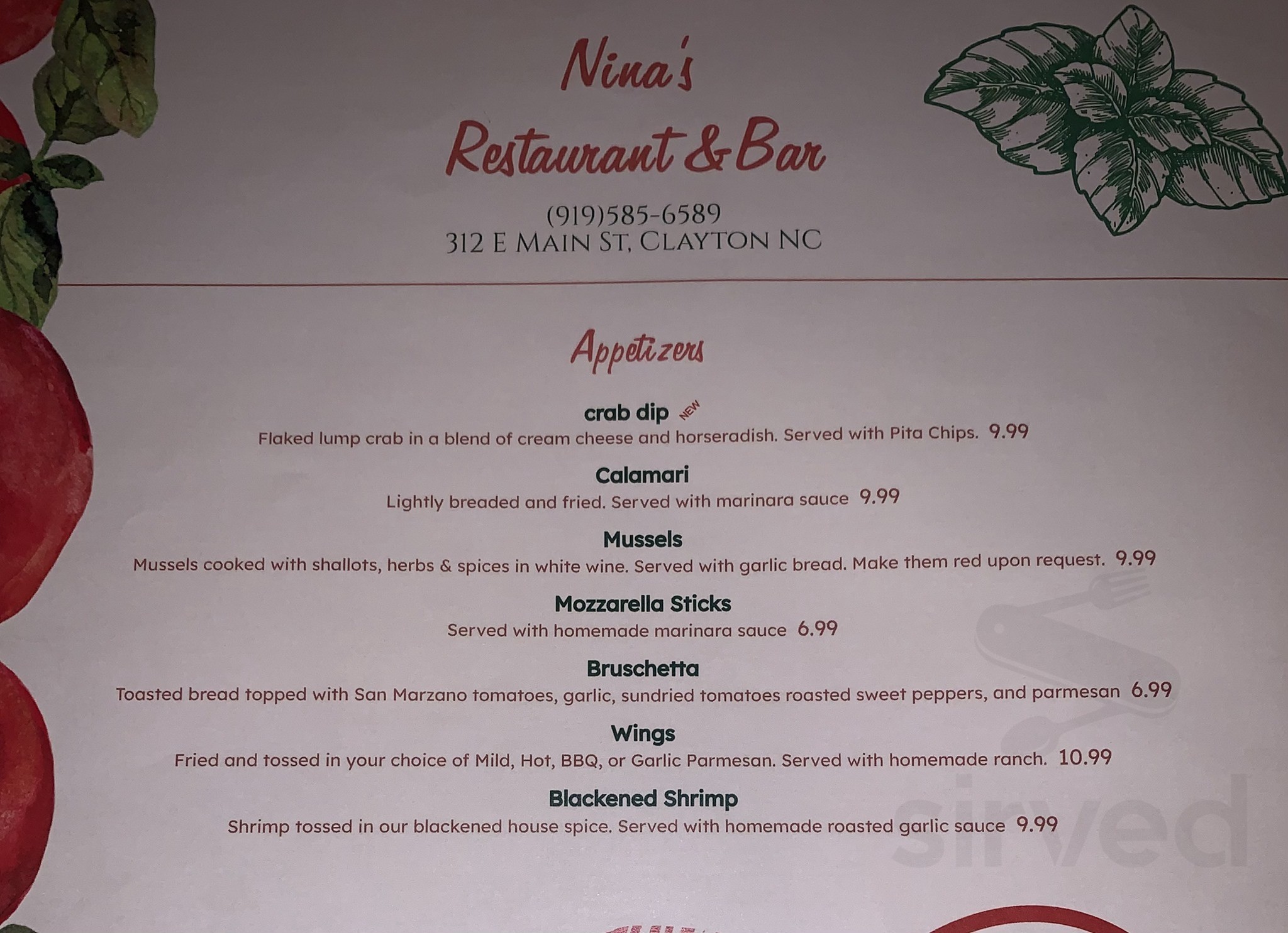Nina's Restaurant & Bar menu in Clayton, North Carolina, USA