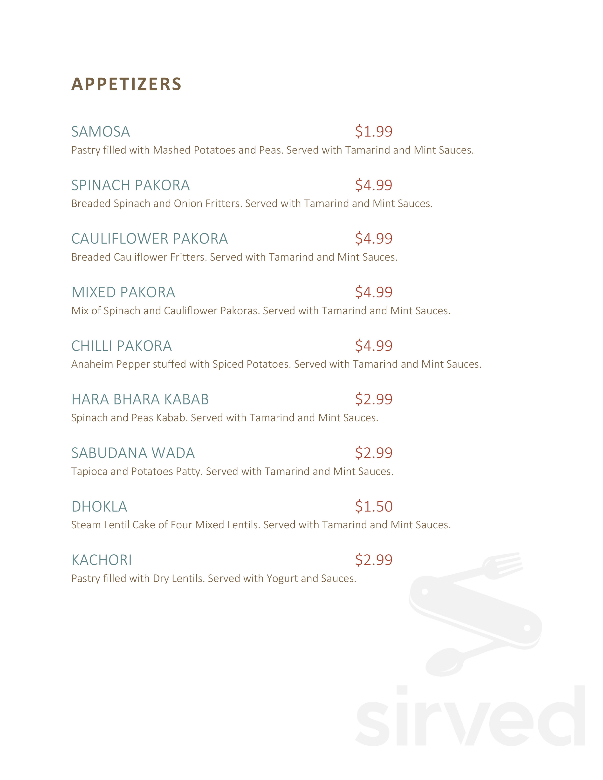 Samosa House menu in Los Angeles, California, USA