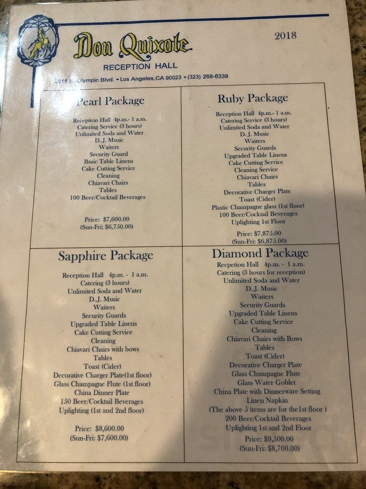 Don Quixote menu in Los Angeles, California, USA