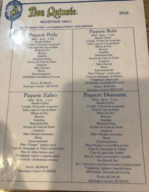 Don Quixote menu in Los Angeles, California, USA