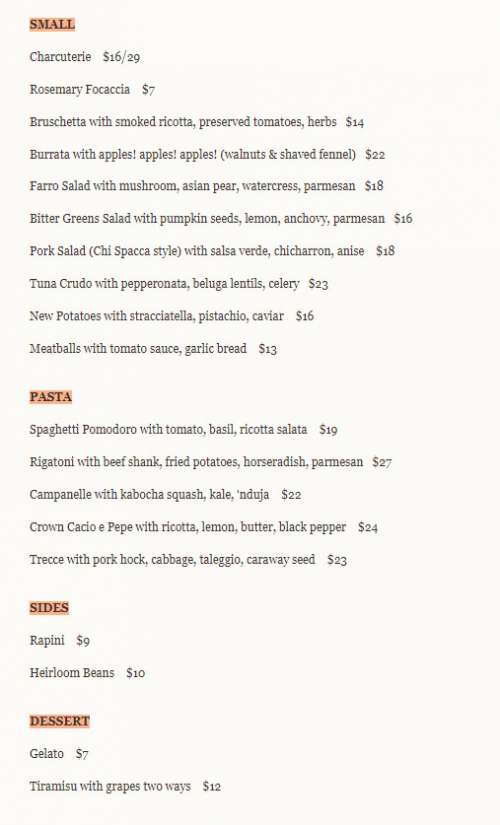 Bar Vendetta menu in Toronto, Ontario, Canada